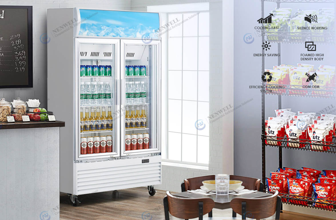 Upright Beverage Cooler Double Glass Door Display Fridge Price For Sale